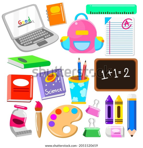 School Supplies Cartoon Vector Set Kids: เวกเตอร์สต็อก (ปลอดค่า ...