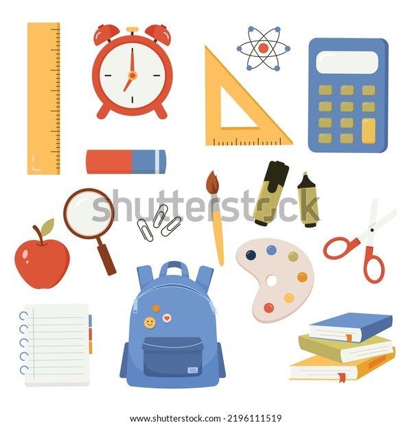 School Supplies Items Set Isolated On Stock Vector (Royalty Free ...