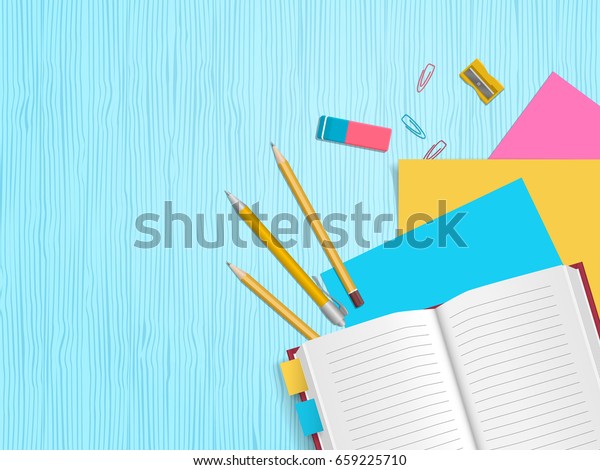 School Supplies Open Notebook Pencils Paper Stock Vector (Royalty Free ...