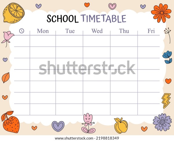 School Timetable Printable Planner Organizer Handdrawn Stock Vector ...