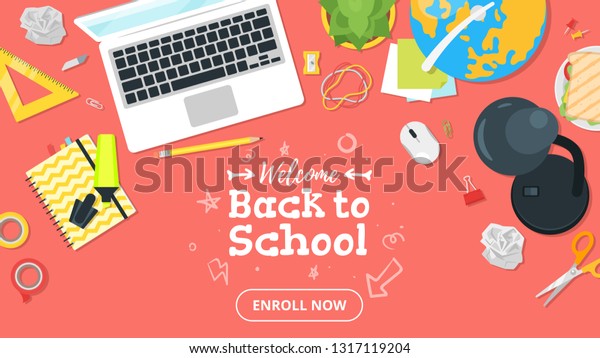School Workplace Overhead Desk Top View Stock Vector (Royalty Free ...