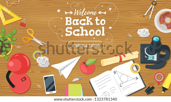 School Workplace Overhead Desk Top View Stock Vector (Royalty Free ...