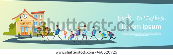 Schoolchildren Group Go Back To School Education Banner Flat Vector ...