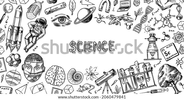 Science Banner Poster Engraved Hand Drawn Stock Vector (Royalty Free ...