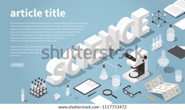 Science themed landing page vector isometric illustration. Big word ...