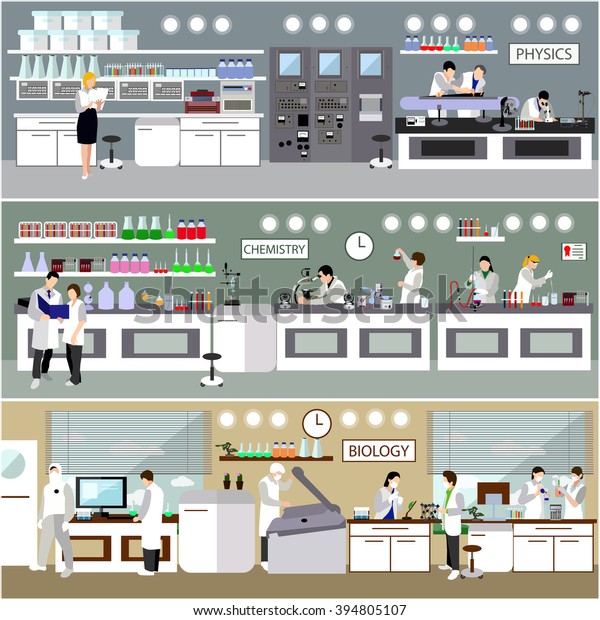 「実験室で働く科学者のベクターイラスト。科学研究室の内部。生物、物理、化学の教育のコンセプト。男女の技術者が研究や実験を行う。」のベクター画像 ...