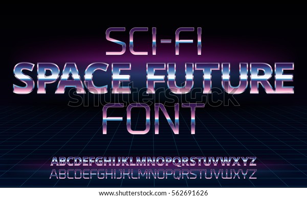 Sci-Fi space future font in 80's retro movie style. Metal chrome effect ...