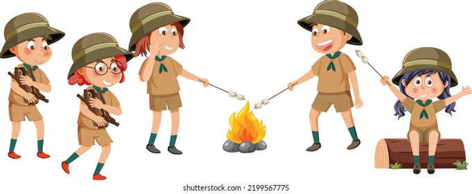 Scout Kids Cartoon Characters Around Bonfire Stock Vector (Royalty Free ...