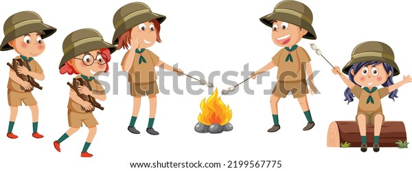 Scout Kids Cartoon Characters Around Bonfire Stock Vector (Royalty Free ...