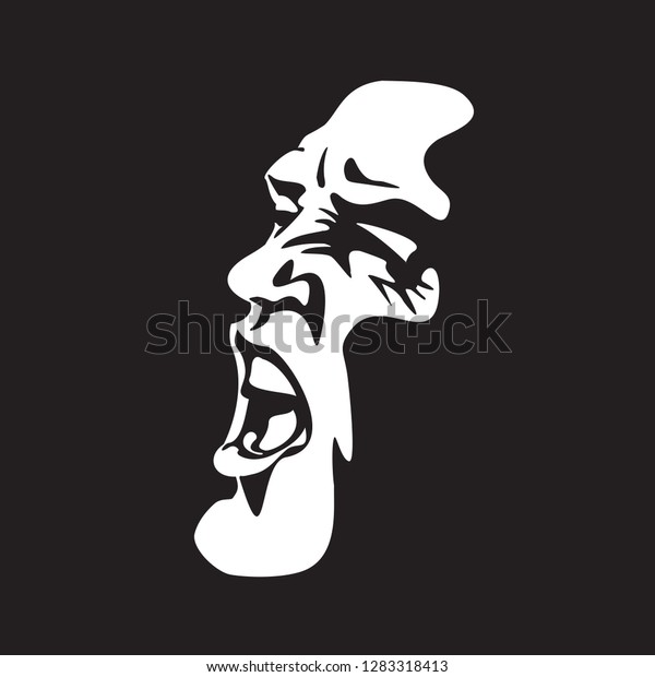Screaming face shout in black and white vector graphics. Emotional ...