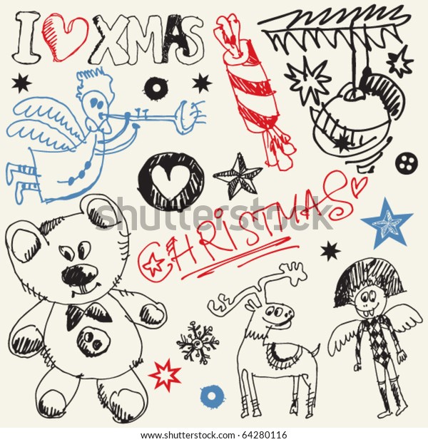 Scribble Christmas Funny Doodles Hand Drawn Stock Vector (Royalty Free ...