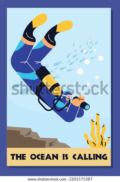 Scuba Diving Advertising Poster Character Exploring Stock Vector ...