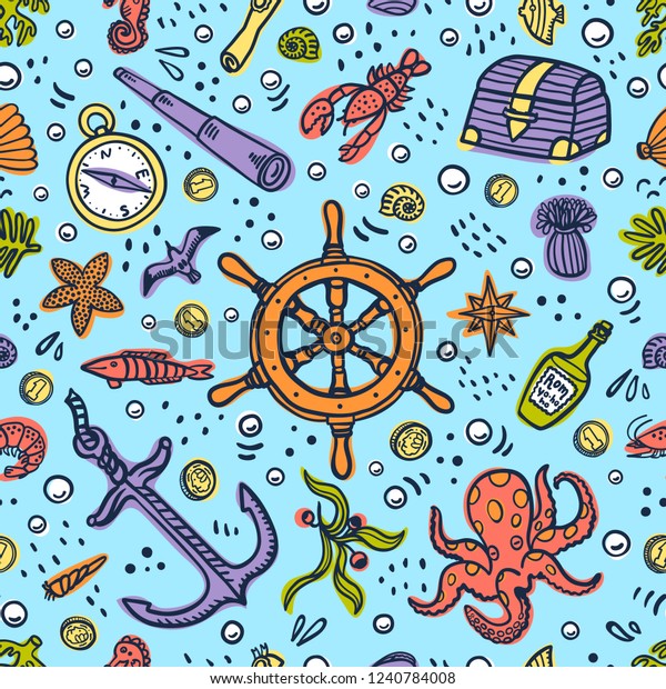 Sea Adventures Seamless Pattern On Blue Stock Vector (Royalty Free ...