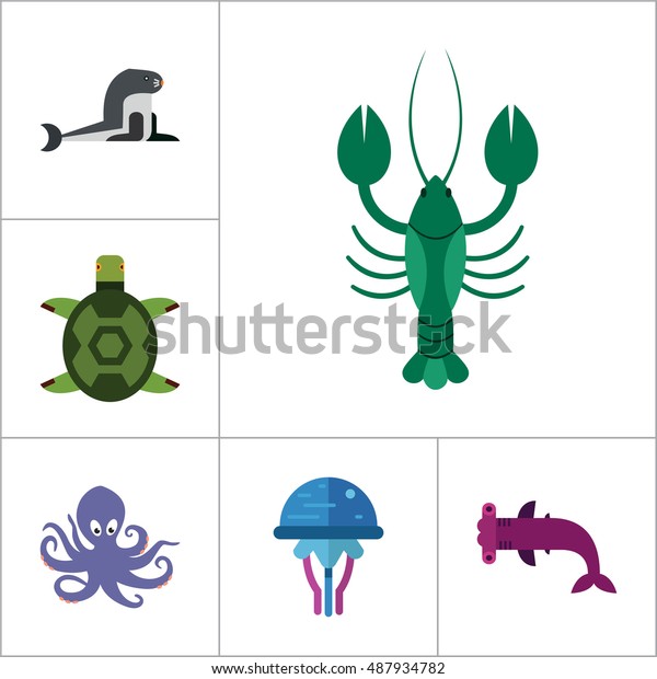 Sea Creatures Icons Set Stock Vector (Royalty Free) 487934782 ...