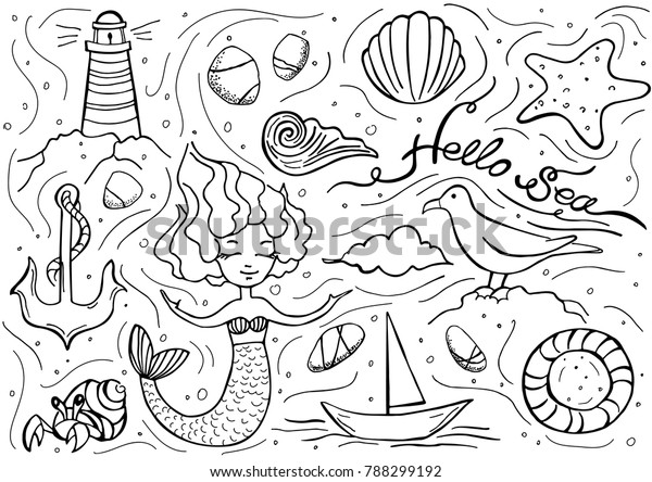 Sea Doodle Set Hand Drawn Mermaid Stock Vector (Royalty Free) 788299192 ...