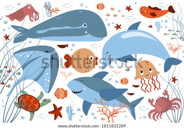 Sea Life Cartoon Cute Different Fish Stock Vector (Royalty Free ...
