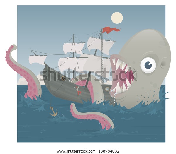 Sea Monster Monster Attacking Sailing Ship Stock Vector (Royalty Free ...