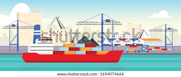 Sea Port Flat Color Vector Illustration: เวกเตอร์สต็อก (ปลอดค่า ...