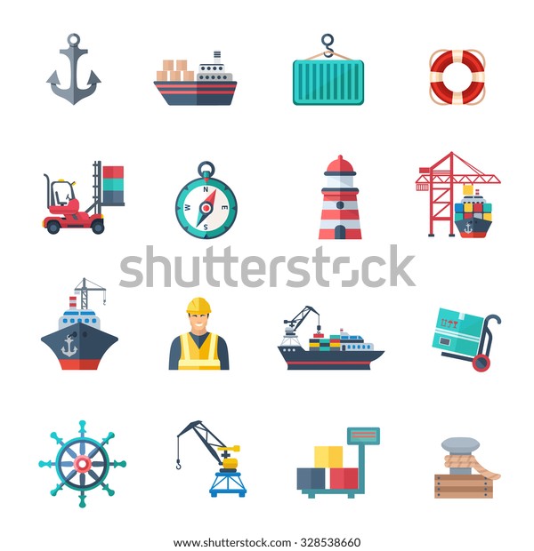 Sea Port Icons Flat Set Marine Stock Vector (Royalty Free) 328538660 ...