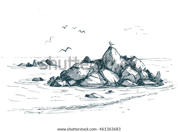 Sea Sketch Rocks Gulls Vector Illustration Stock Vector (Royalty Free ...