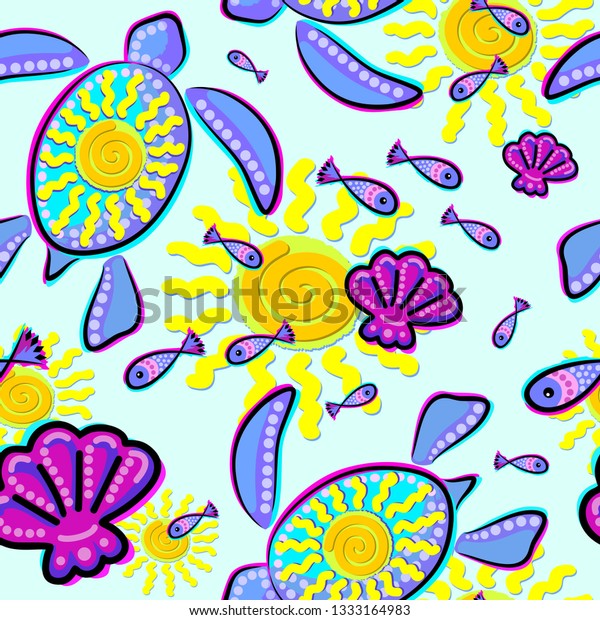 Sea Turtle Glitch Sun Seamless Pattern Stock Vector (Royalty Free ...