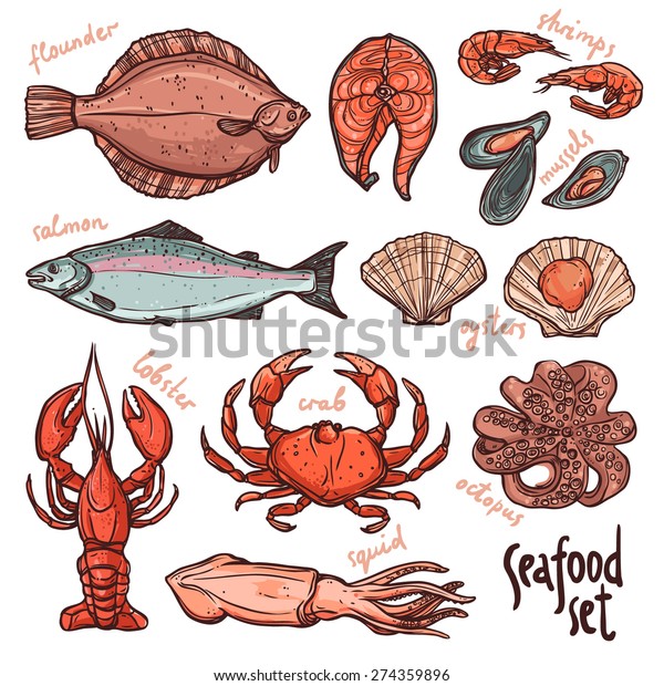 Seafood Collection Hand Drawn Color Illustration Stock Vector (Royalty ...