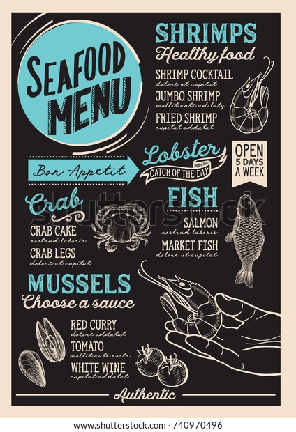 Seafood menu for restaurant and cafe. Design template with hand-drawn ...