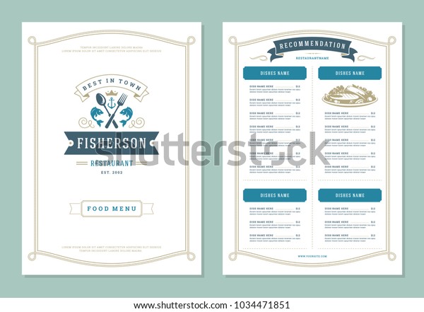 Seafood restaurant menu design and logo vector brochure template. Fish ...