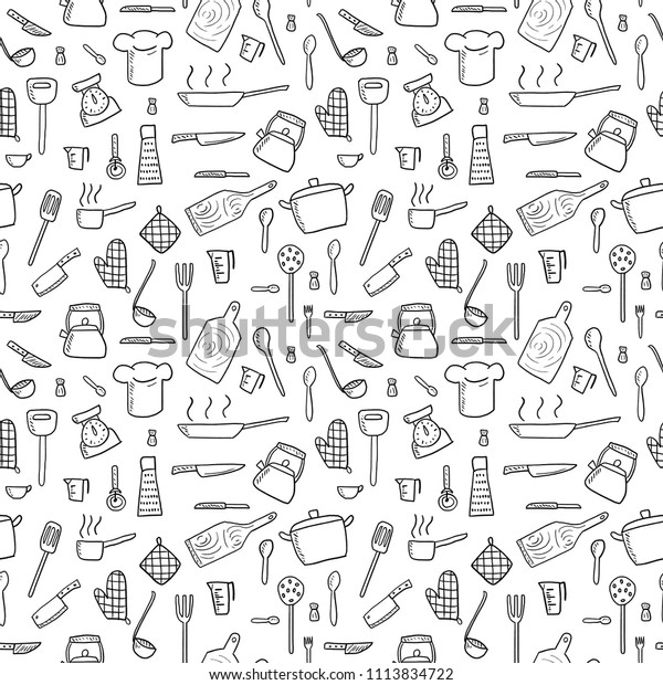 Seamless Background Cooking Utensils Kitchen Tools Stock Vector ...
