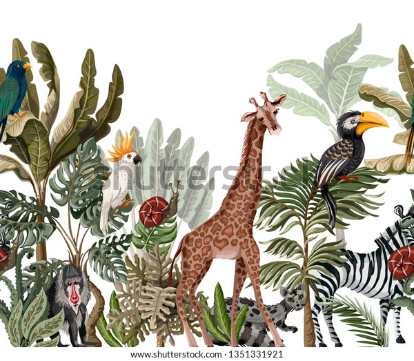 Seamless border with tropical tree such as palm, banana and jungle animals. Seamless border with tropical tree such as palm, banana and jungle animals.