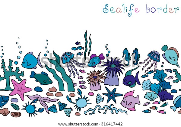 Seamless Border Various Sea Life Bright Stock Vector (Royalty Free ...