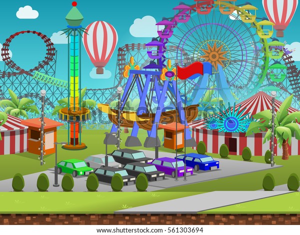 Parque de diversiones de caricaturas sin problemas, paisaje de verano ...