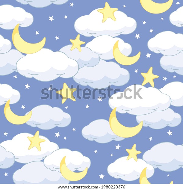 Seamless Cloud Moon Star Pattern With Blue Color Starry Sky Background ...