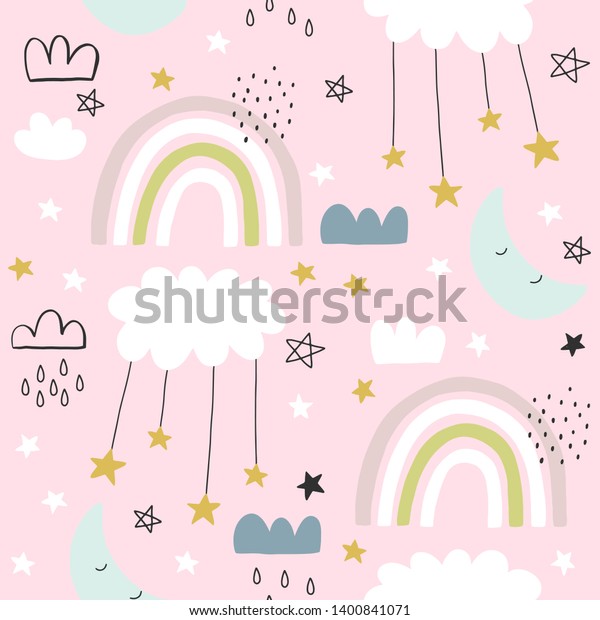 Seamless cute pattern for kids, children. Rainbow, clouds, moon, stars ...