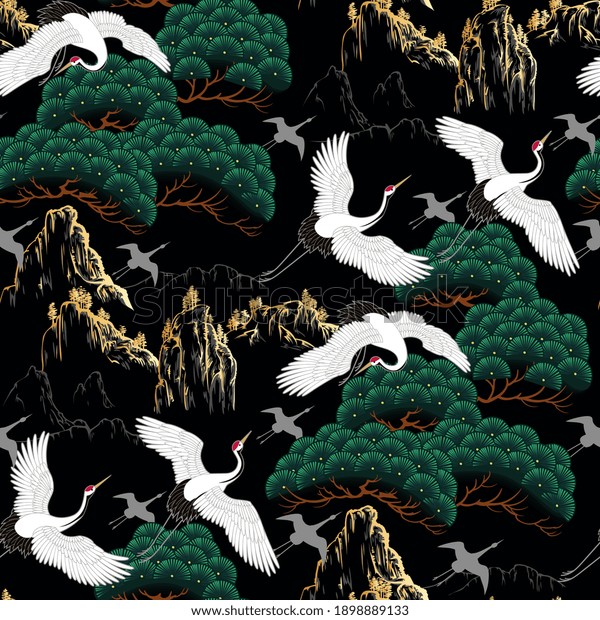 Seamless Decorative Pattern Japanese Cranes Stock Vector (Royalty Free ...