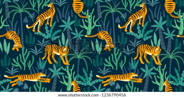 Seamless Exotic Pattern Tigers Jungle Vector Stock Vector (Royalty Free ...