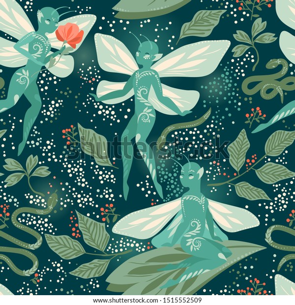 Seamless Fantasy Pattern Cute Fairies Magical Stock Vector (Royalty ...