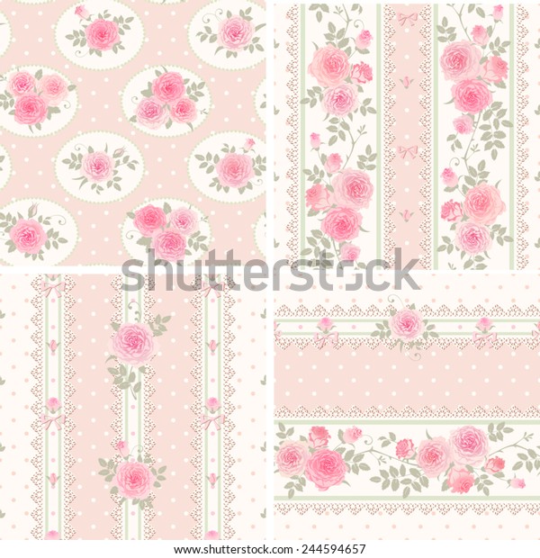 Seamless floral backgrounds and borders. Set of polka dot patterns with ...