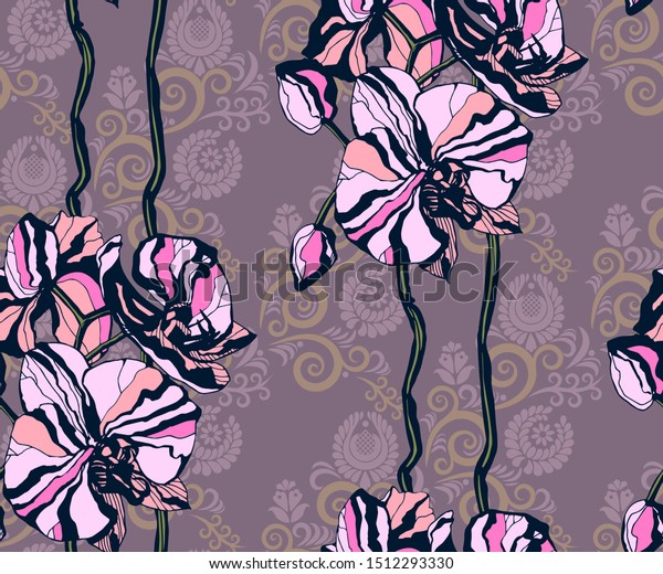 Seamless Floral Pattern Orchids Ornamental Hand Stock Vector (Royalty ...