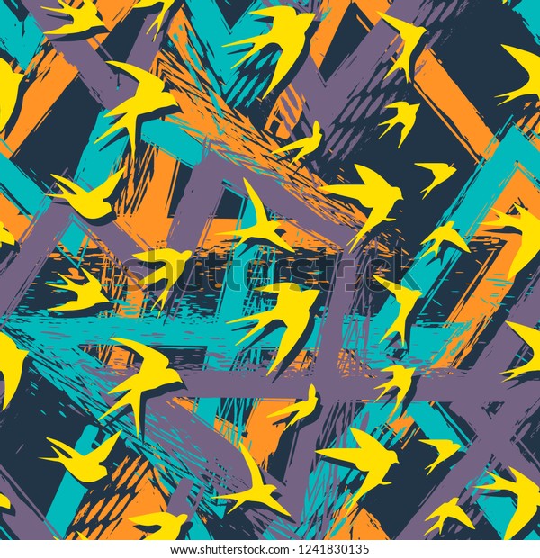 Vektor Stok Seamless Flying Birds Geometry Background Vector (Tanpa ...