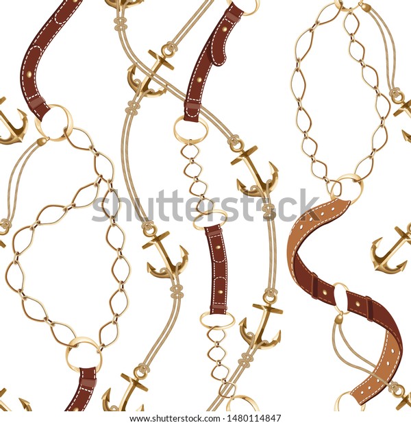 Seamless Gold Metallic Anchors Chainsbrown Leather Stok Vektör ...