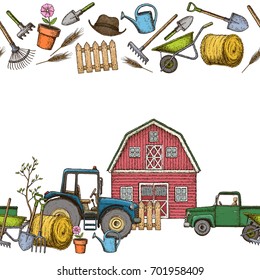 Seamless Horizontal Borders Farming Equipment Icons Stock Vector ...