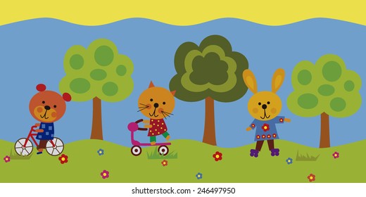 Seamless Horizontal Vector Background Cute Animals Stock Vector ...