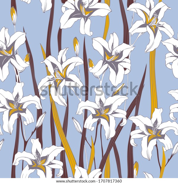 Seamless Lily Pattern On Blue Background Stock Vector (Royalty Free ...
