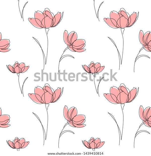 Seamless Pattern Abstract Flowers Line Art 스톡 벡터(로열티 프리) 1439410814
