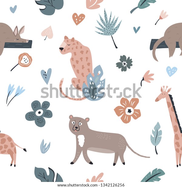 Seamless Pattern African Animals Floral Prints 스톡 벡터(로열티 프리) 1342126256 ...