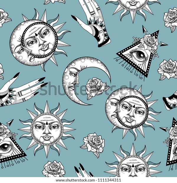 Seamless Pattern Ancient Astronomical Illustration Sun Stock Vector ...