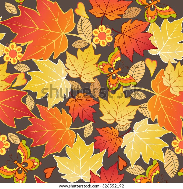 Seamless Pattern Autumn Leaves Butterflies Vector Stock Vector (Royalty ...
