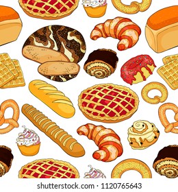 Seamless Pattern Bakery Products Assortment Vector Stock Vector ...