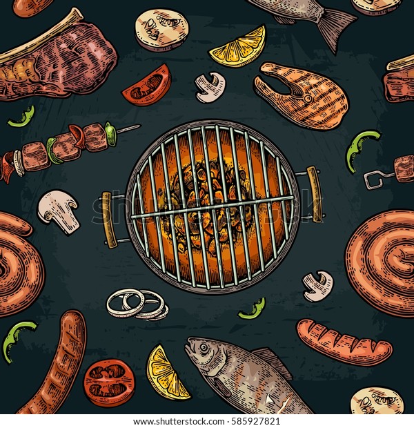 Seamless Pattern Barbecue Grill Top View 库存矢量图（免版税）585927821